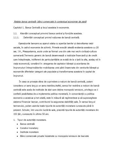 Relația Banca Centrală - Bănci Comerciale în Contextul Economiei de Piață | Proiect [DOCX]