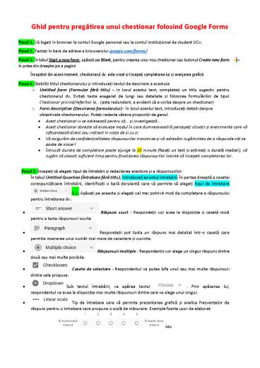 Ghid pentru Pregătirea unui Chestionar Folosind Google Forms | Laborator [PDF]