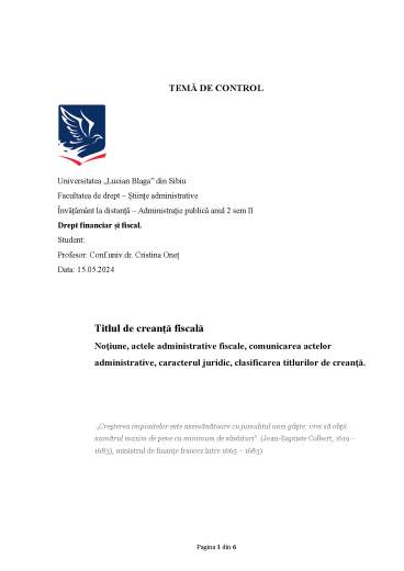 Titlul de Creanță Fiscală | Referat [DOCX]