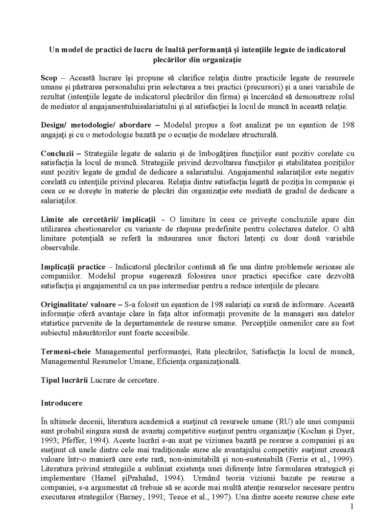 Un Model de Practici de Lucru de Înaltă Performanță și Intențiile ...