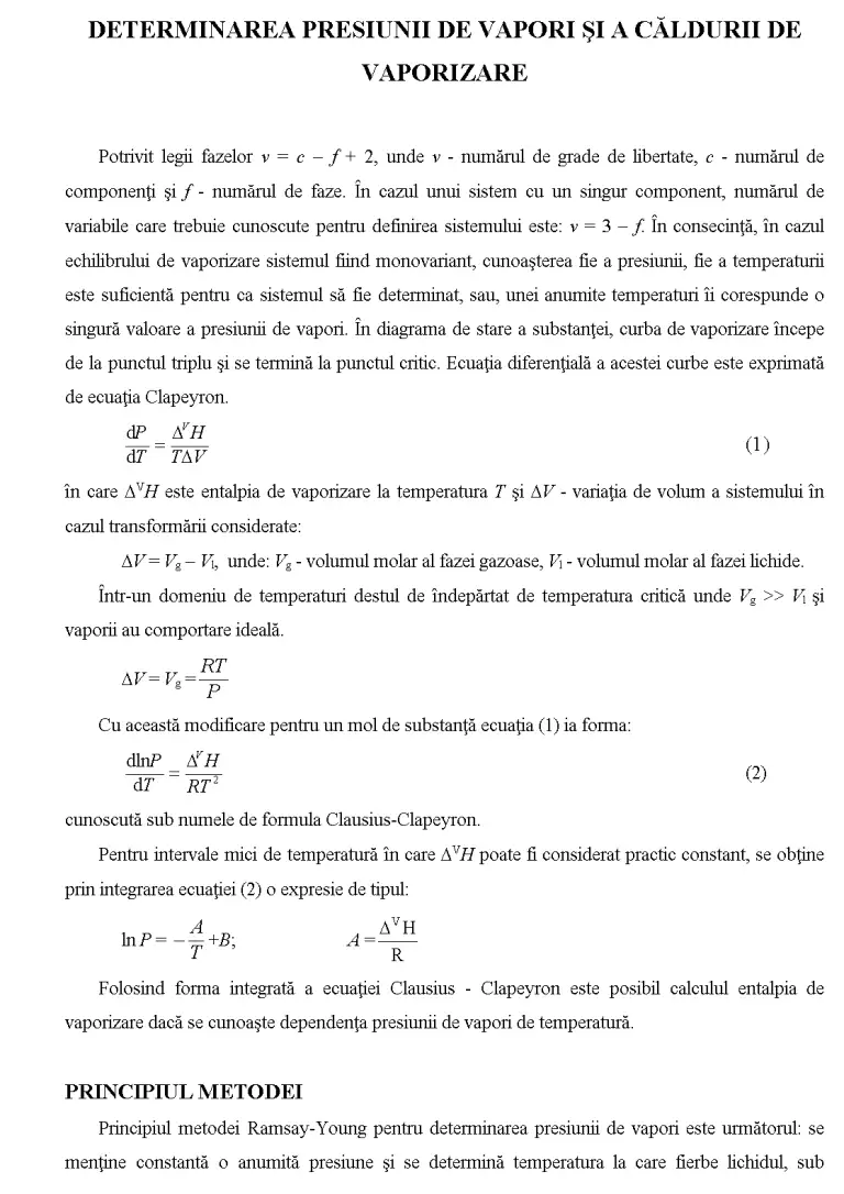 Determinarea Presiunii de Vapori și A Căldurii de Vaporizare ...