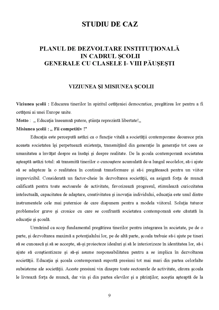 Planul de Dezvoltare Instituționala în Cadrul Școlii Generale cu ...