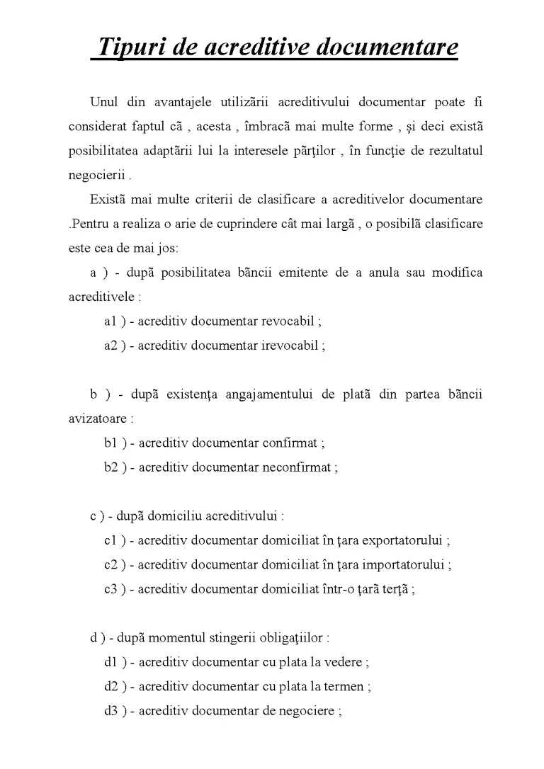 Tipuri de Acreditive Documentare: Referat [DOC] - Economie