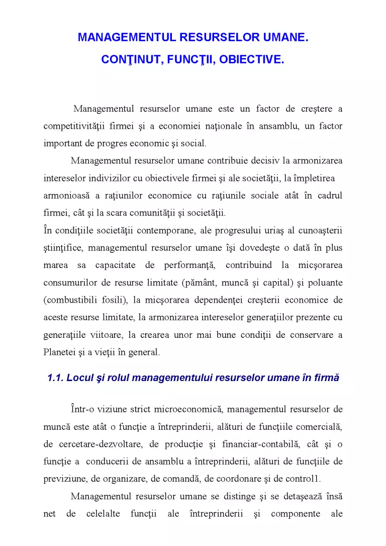 Managementul Resurselor Umane - Continut, Functii, Obiective. - Referat ...