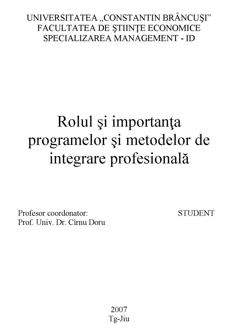 Rolul și Importanța Programelor și Metodelor de Integrare Profesională ...