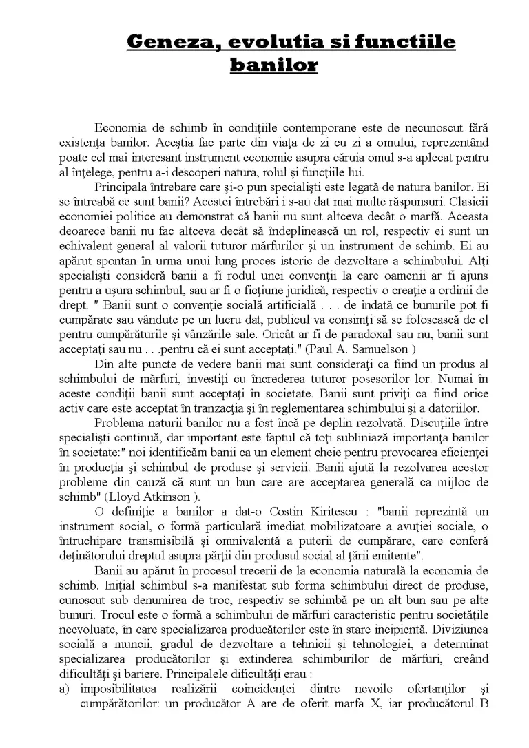 Geneza, evoluția și funcțiile banilor - Referat - Economie #15464 ...