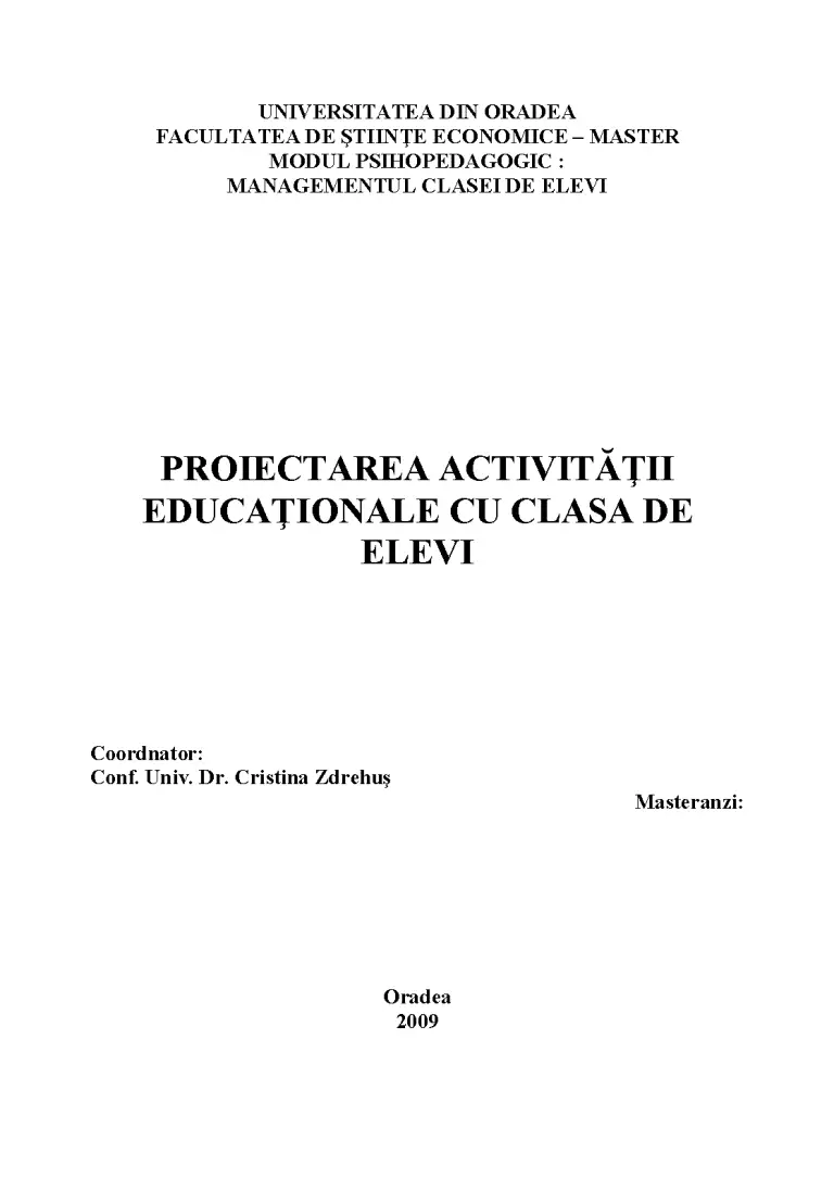 Proiectarea Activității Educaționale cu Clasa de Elevi - Referat ...