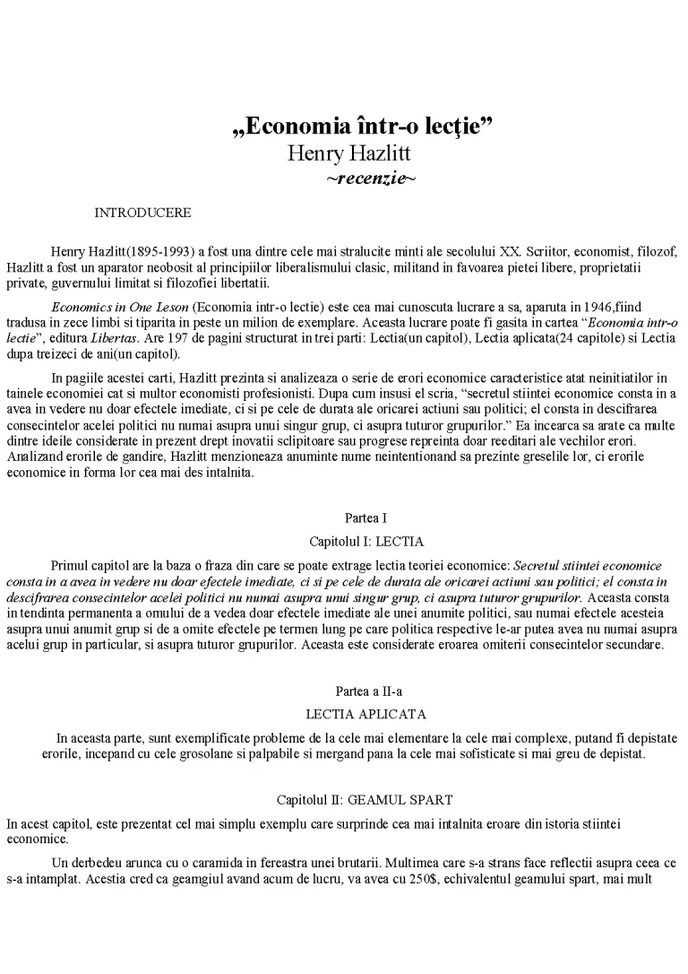 Recenzie - economia într-o lecție - Referat - Economie #195288 | RegieLive