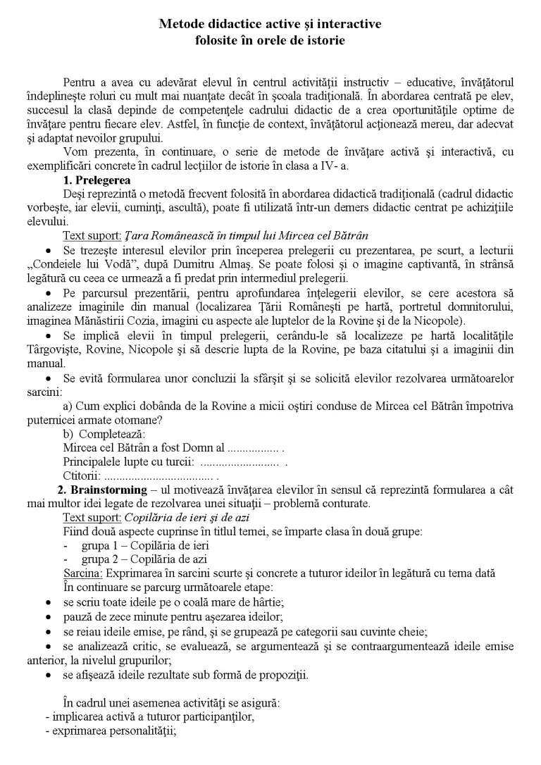 Metode Didactice Active și Interactive Folosite la Orele de Istorie ...
