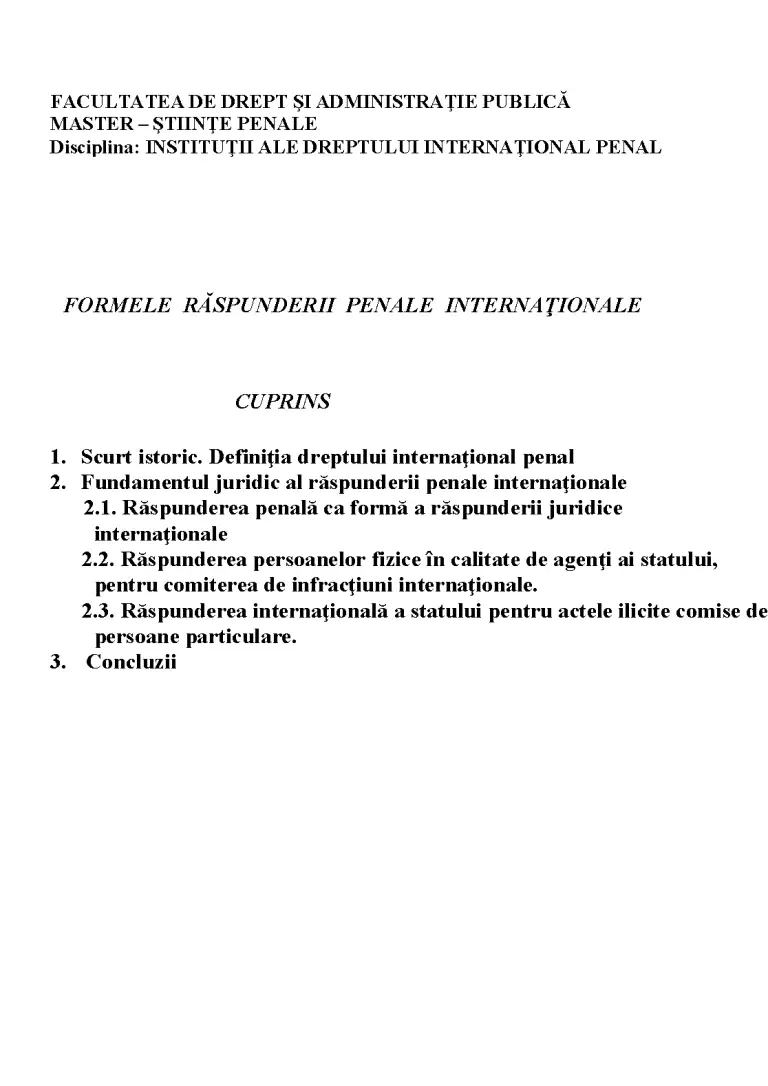 Formele Răspunderii Penale Internaționale: Referat [DOC] - Drept