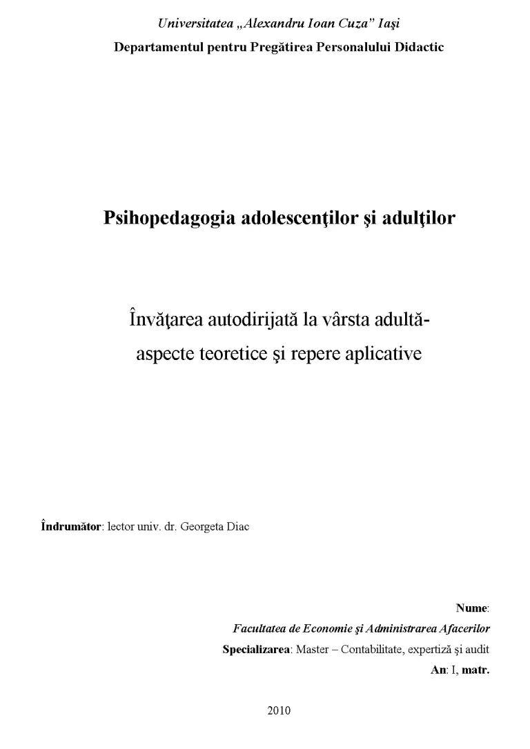 Învățarea Autodirijată la Vârsta Adultă - Referat - Pedagogie #207018 ...