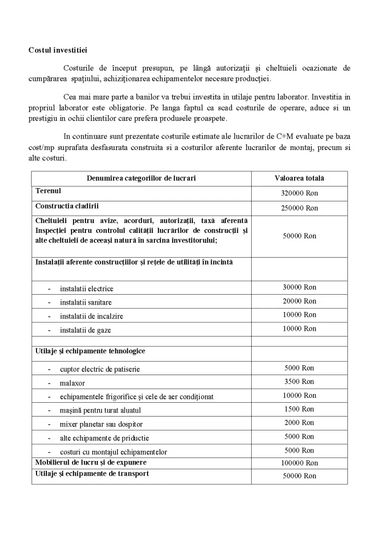 Proiect de investiții - SC Choco SRL - Proiect - Management #211439 ...