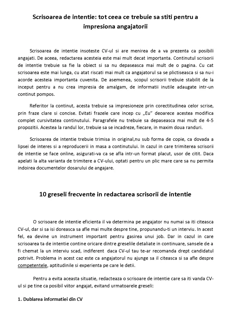 Scrisoarea de intenție - Referat - Management #216160 | RegieLive