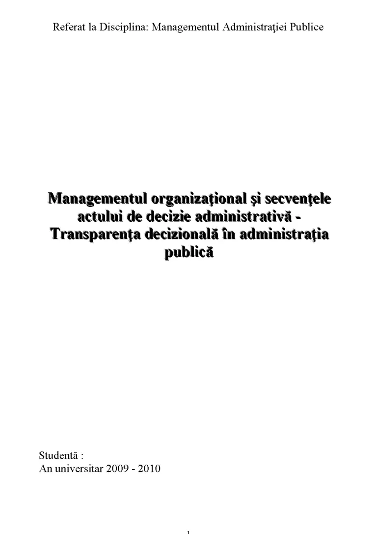 Managementul Organizațional și Secvențele Actului de Decizie ...