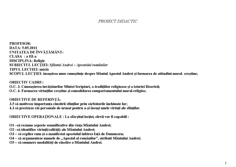 Proiect lecție Sfântul Apostol Andrei - Proiect - Religie #222963 ...