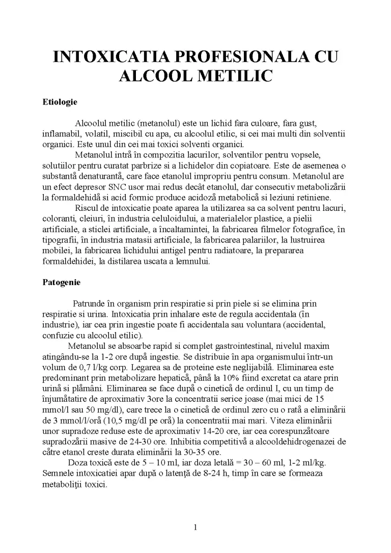 Intoxicația profesională cu alcool metilic - Referat - Medicină #230278 ...
