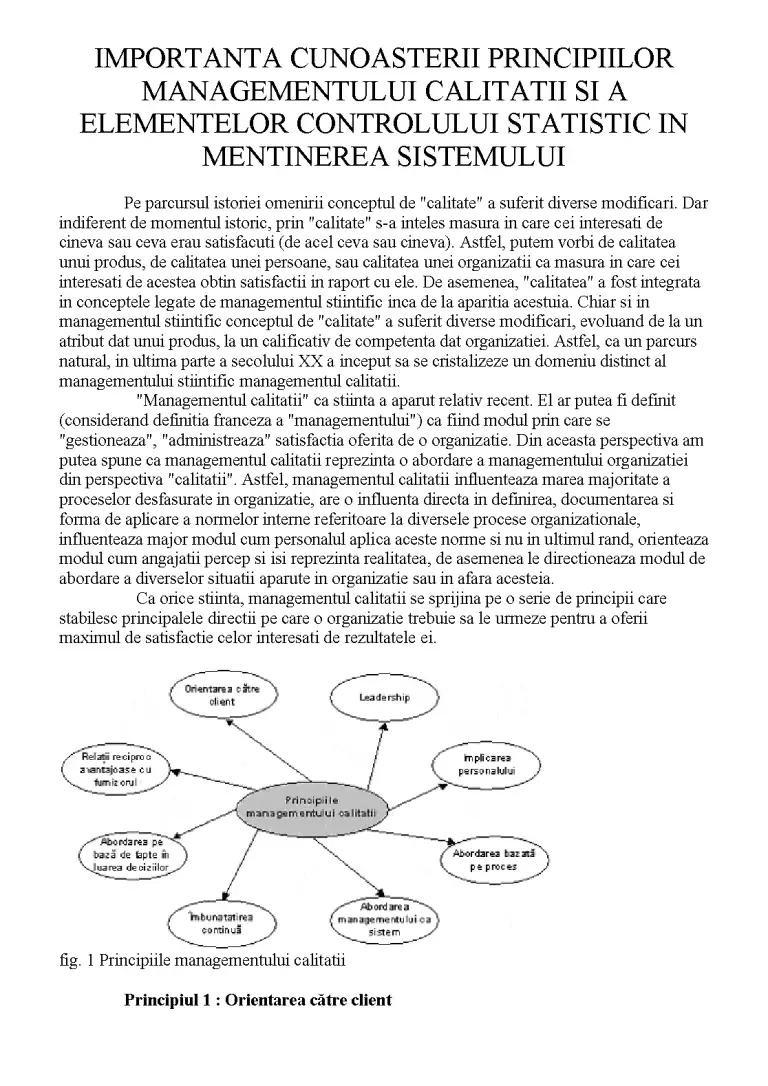 Importanța cunoașterii principiilor managementului calității și a ...