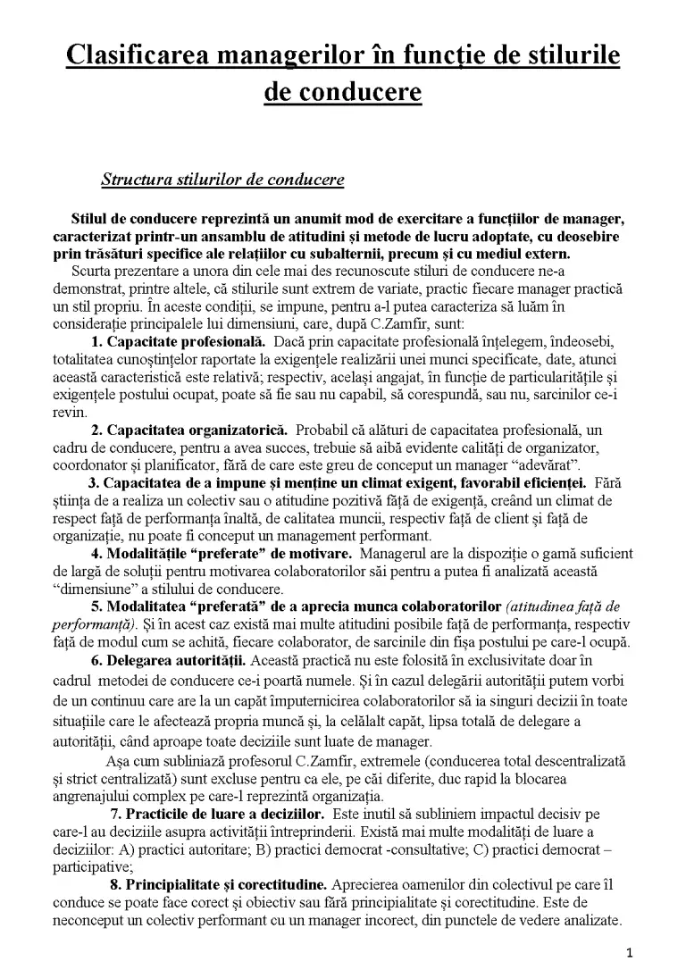 Clasificarea Managerilor în Funcție de Stilurile de Conducere - Referat ...