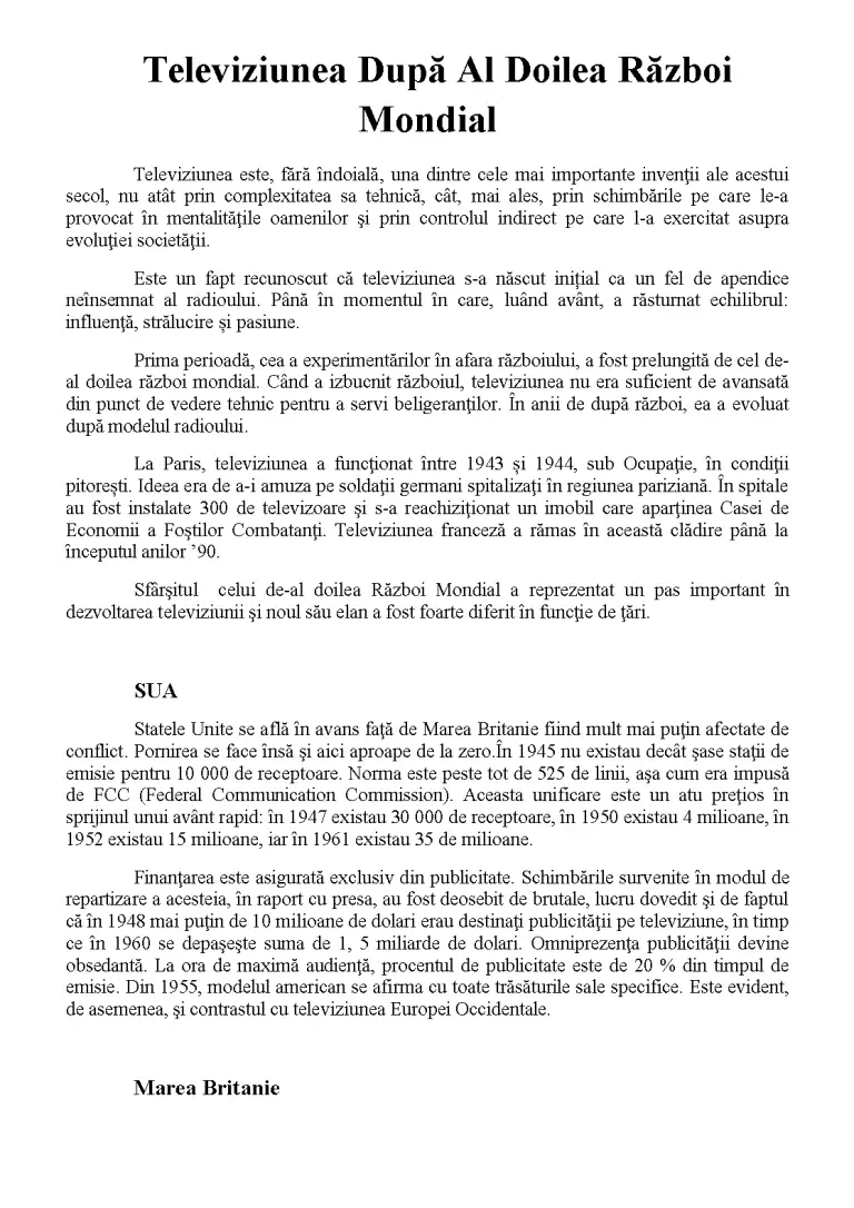 Televiziunea după al Doilea Război Mondial - Referat - Mass Media ...