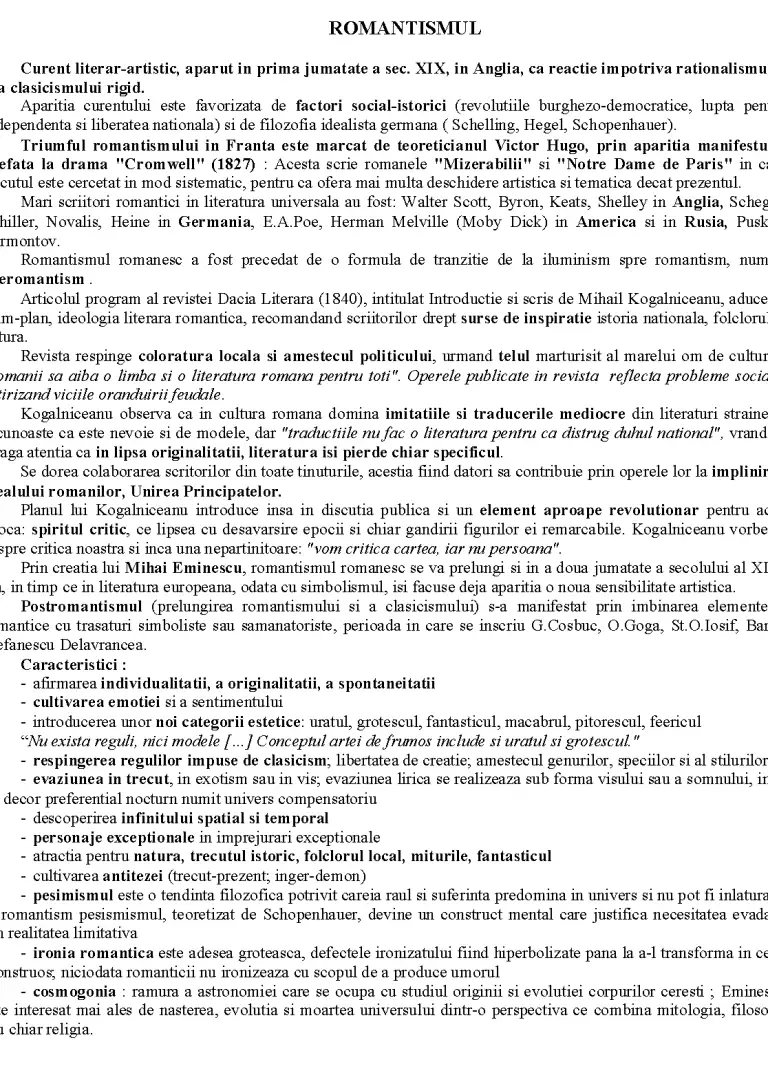 Curente Literare - Romantismul - Referat - Limba Română #245057 | RegieLive
