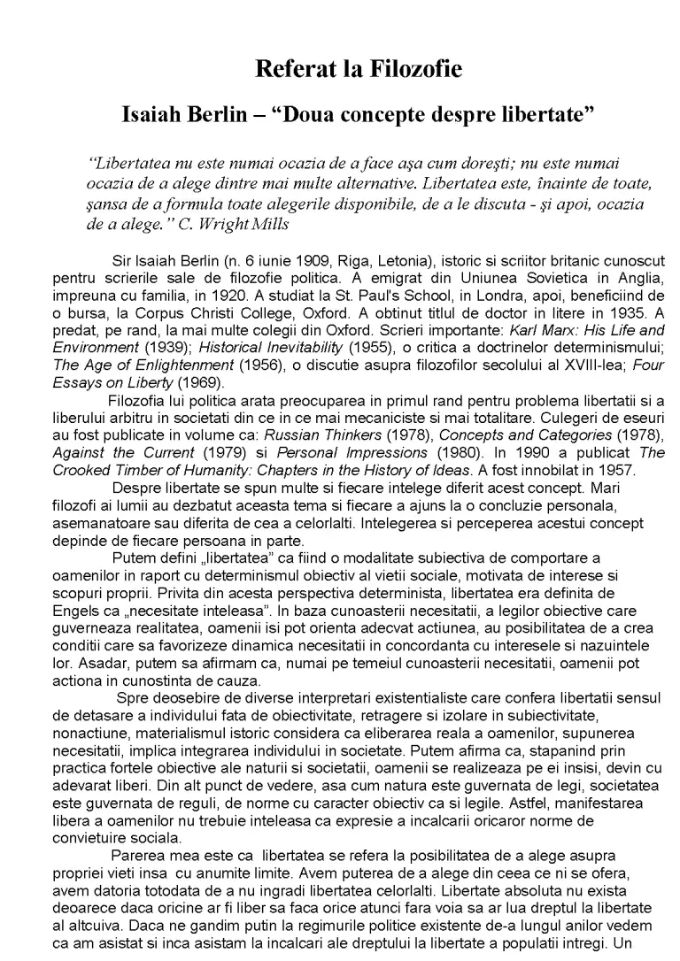 Eseu - două concepte despre libertate - Referat - Filosofie #2521 ...