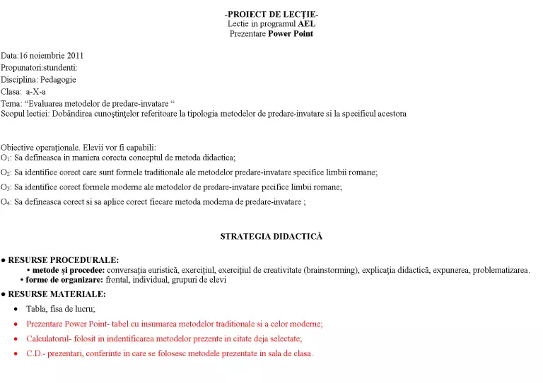 Proiect de lecție - evaluarea metodelor predare-învățare - Proiect ...