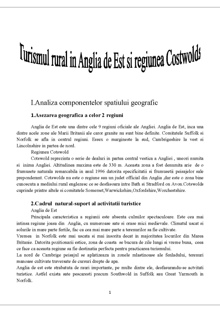 Turismul Rural în Anglia de Est și Regiunea Costwolds - Referat ...