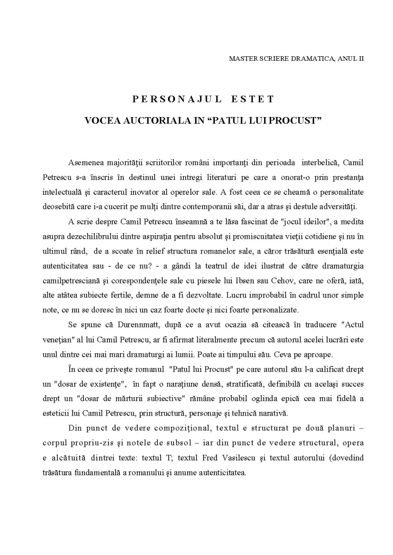 Personajul Estet sau vocea auctorială în Patul lui Procust - Referat ...
