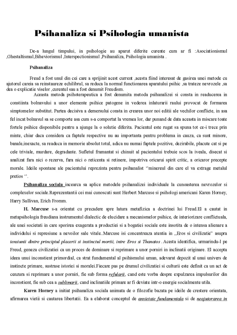 Psihanaliză și psihologia umanistă - Referat - Psihologie #266589 ...