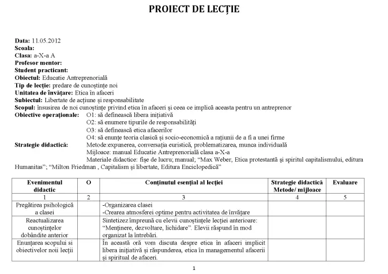 Proiect de lecție - educație antreprenorială - Proiect - Pedagogie ...