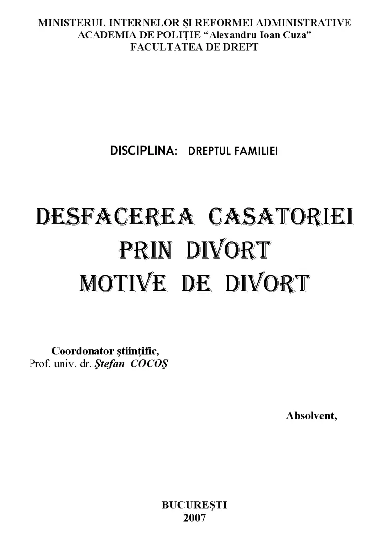 Desfacerea căsătoriei prin divorț - motive de divorț - Licență - Drept ...