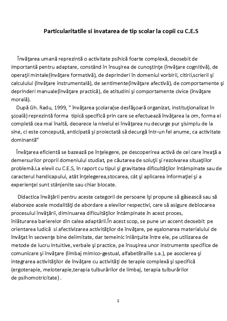 Particularități ale învățării la copii cu CES - Referat ...