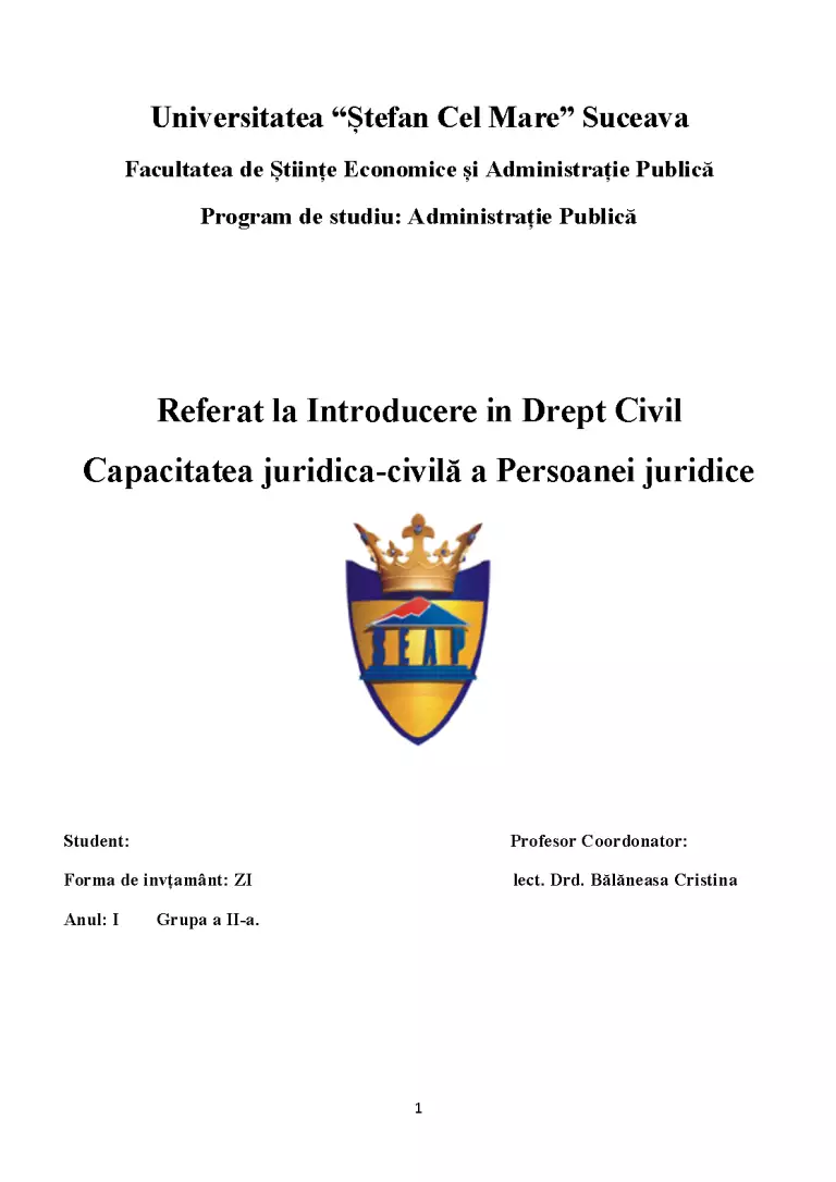 Capacitatea juridica-civilă a Persoanei Juridice - Proiect - Drept ...
