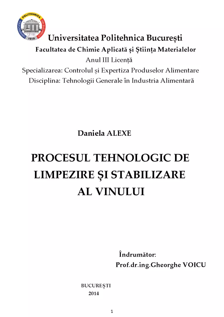 Tehnologii Generale de Limpezire și Stabilizare a Vinului - Proiect ...