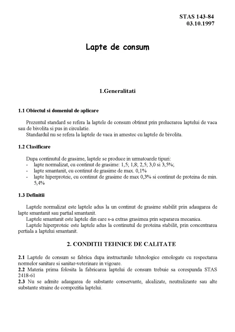 Standard pentru Laptele de Consum - Referat - Industria Alimentară ...