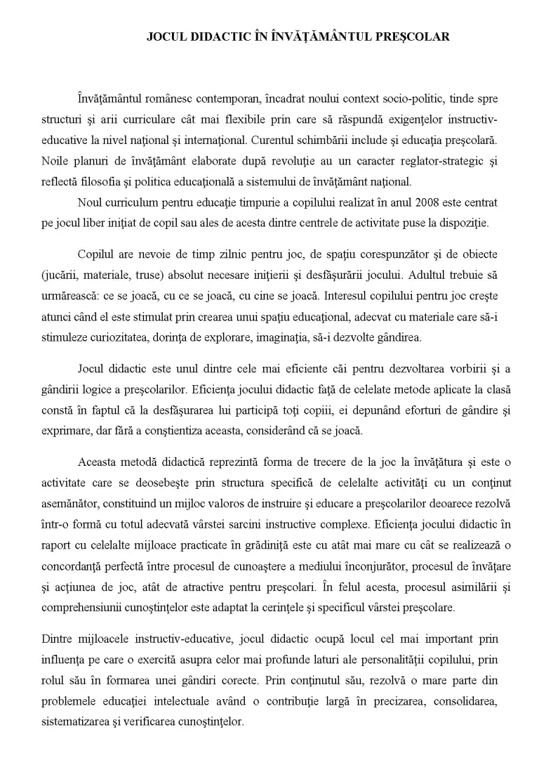 Jocul didactic în învățământul preșcolar - Referat - Birotică #379572 ...