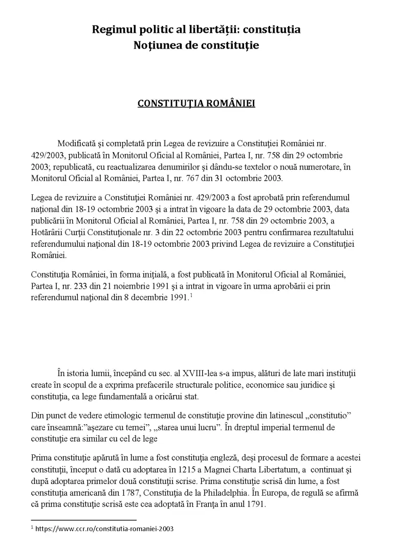 Regimul politic al libertății - Noțiunea de constituție - Referat ...
