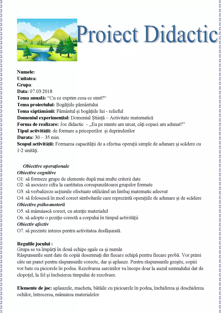 Joc didactic matematic - Proiect - Pedagogie #380429 | RegieLive