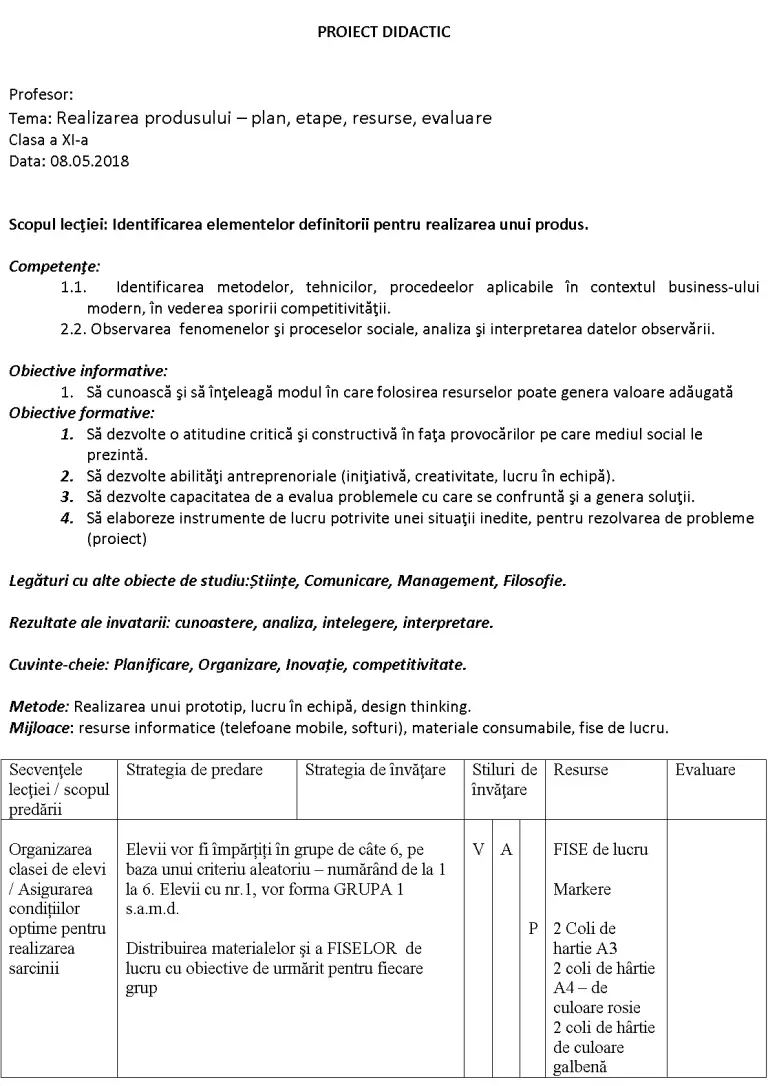 Proiect didactic - Realizarea produsului - plan, etape, resurse ...