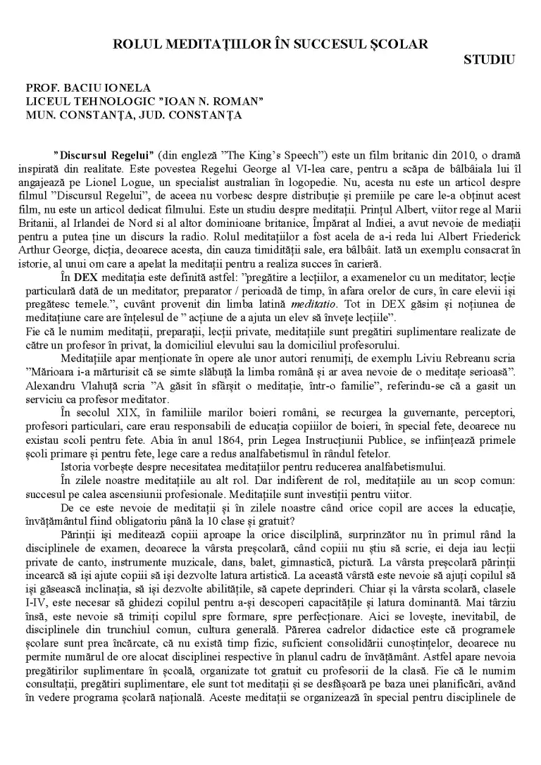 Rolul meditațiilor în succesul școlar - Seminar - Pedagogie #382649 ...