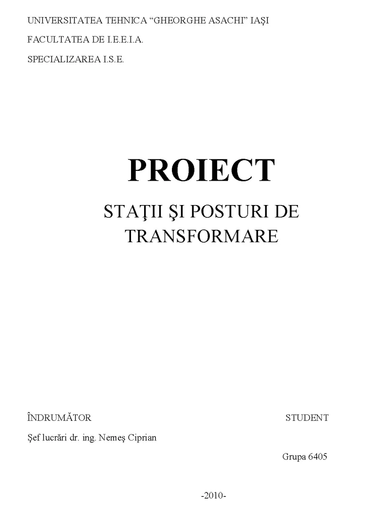Stații și posturi de transformare - Proiect - Energetică #383119 ...