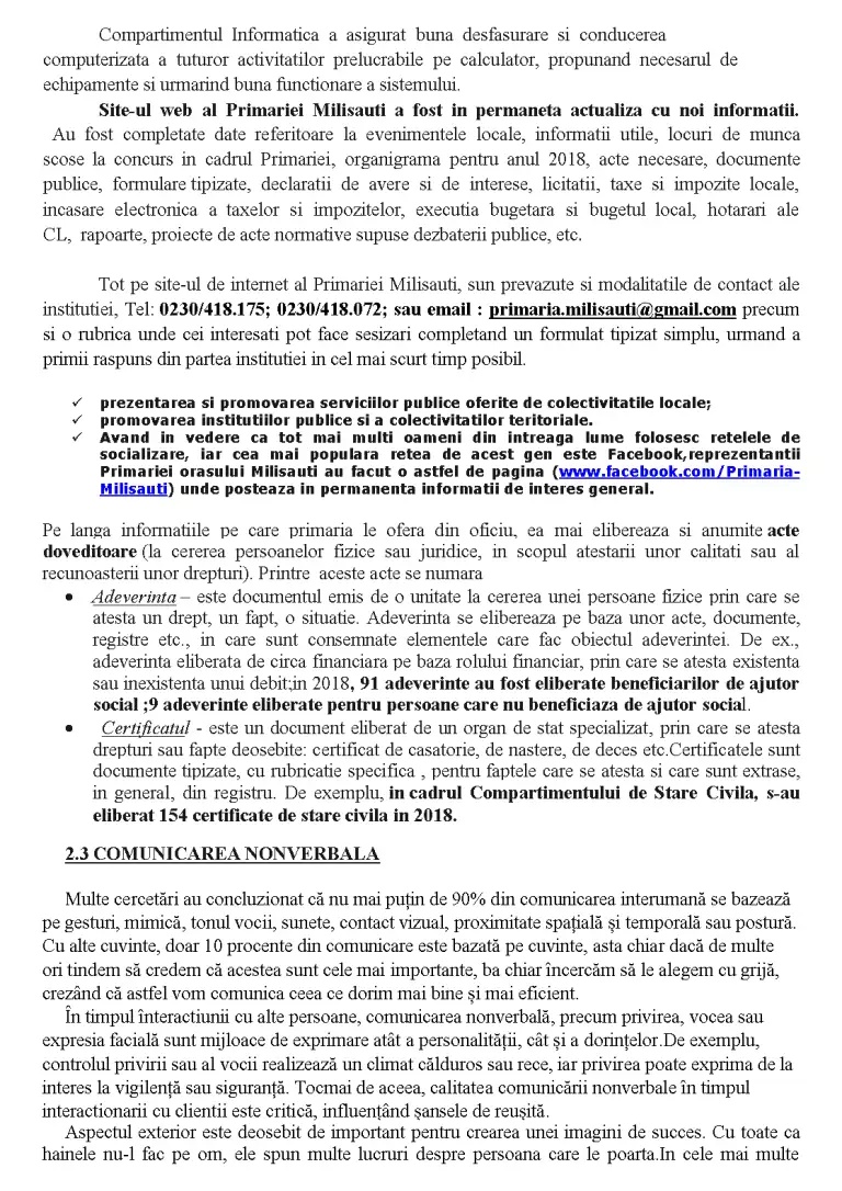 Funcția de comunicare în cadrul Primăriei Orașului Milișăuți, Județul ...