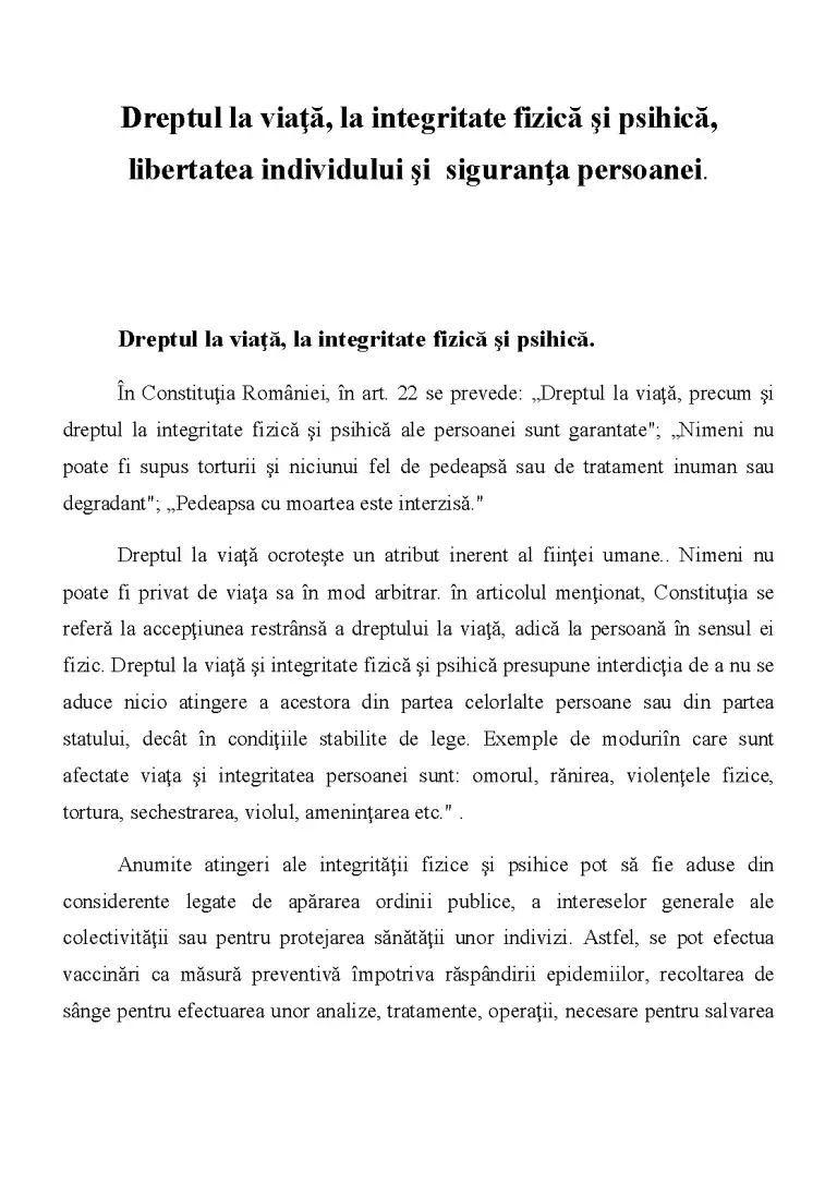 Dreptul la viață, la integritate fizică și psihică, libertatea ...