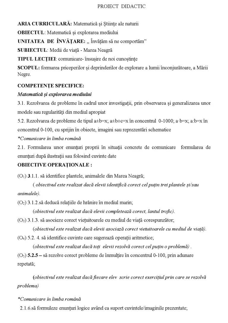 Proiect didactic matematică și explorarea mediului - Marea Neagră și ...