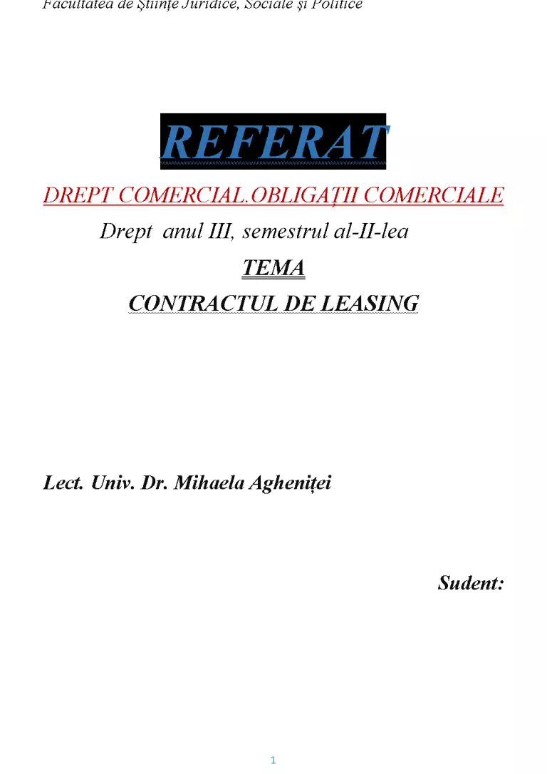 Contractul de leasing - Proiect - Drept #387073 | RegieLive