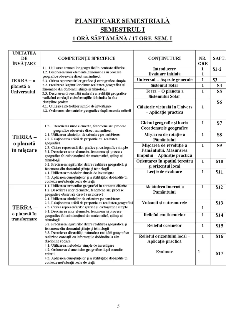 Planificare calendaristică - geografie generală - Proiect - Geografie ...