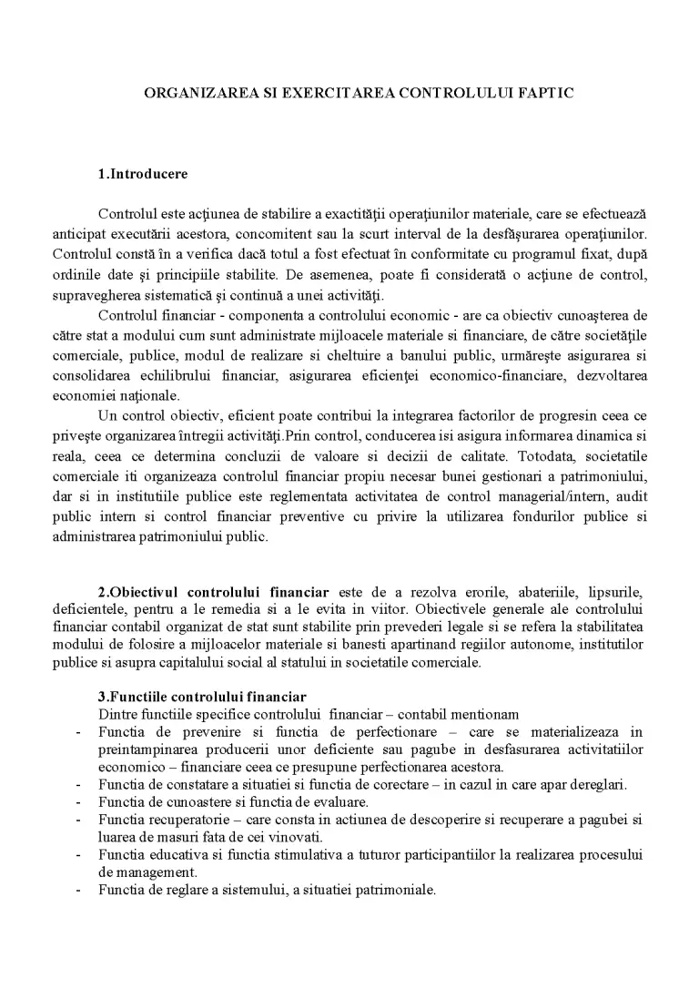 Organizarea și exercitarea controlului faptic - Referat - Contabilitate ...