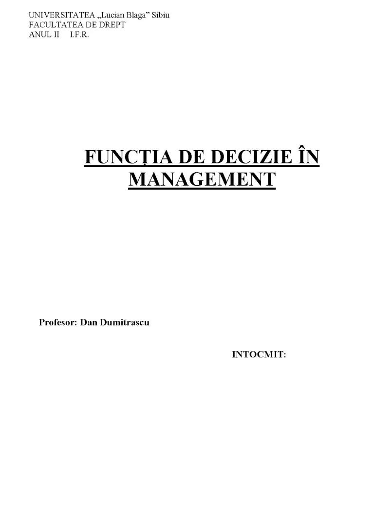 Funcția de Decizie în Management - Referat - Management #3989 | RegieLive