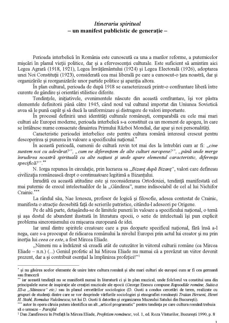 Itinerariu Spiritual - Un Manifest Publicistic de Generație - Referat ...