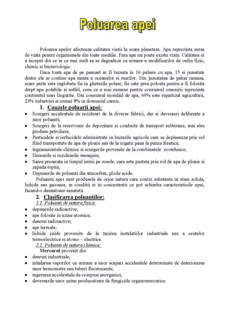 Poluarea Apei - Referat - Chimie Generală #45500 | RegieLive